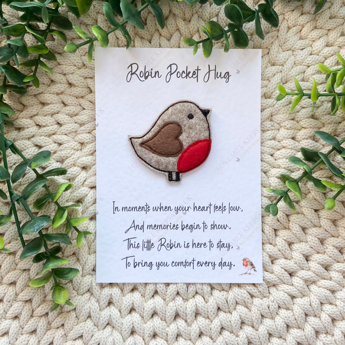 Handmade Felt Robin Pocket Hug - Remembrance Gift & Card – Loveable ...